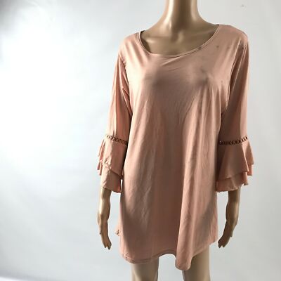 Lildy Womens Tunic Top High Scoop Neck Crotchet Accent Sleeve Pink Size ...