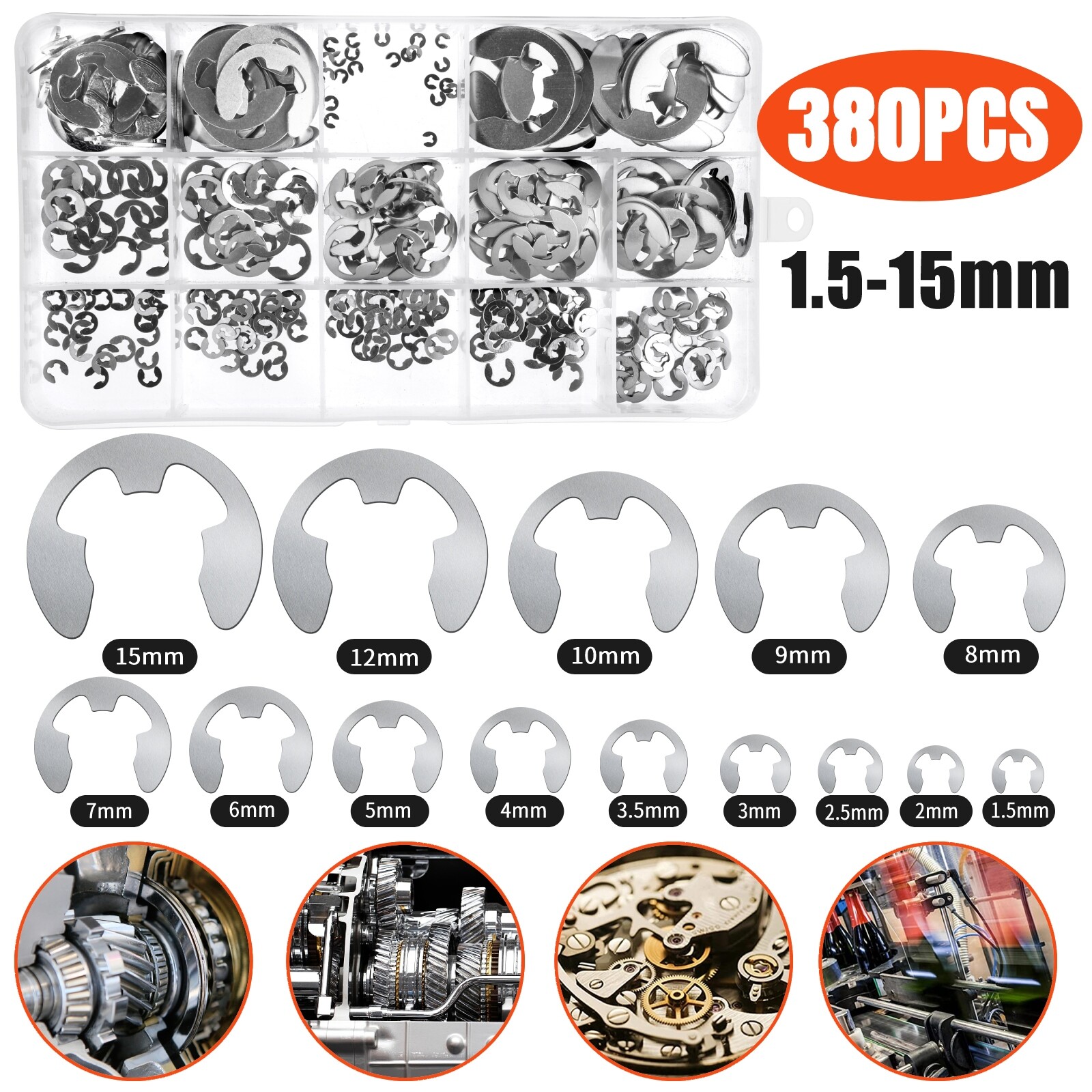 380Pcs 1.5mm-15mm E-Clip Circlip Stainless Steel Retaining Ring ...