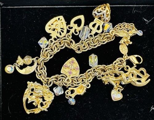 Estate Vintage Signed Kirks Folly Gold Tone Legend Heart Charm Bracelet ...