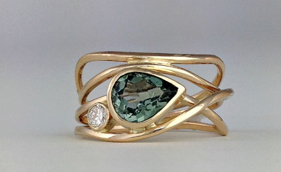 Green Pear Synthetic Diamond 10K Bezel Set Two Stone Design Wedding ...