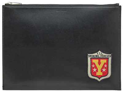 New Saint Laurent YSL Smoking Forever Logo Patch Black Leather Zip ...