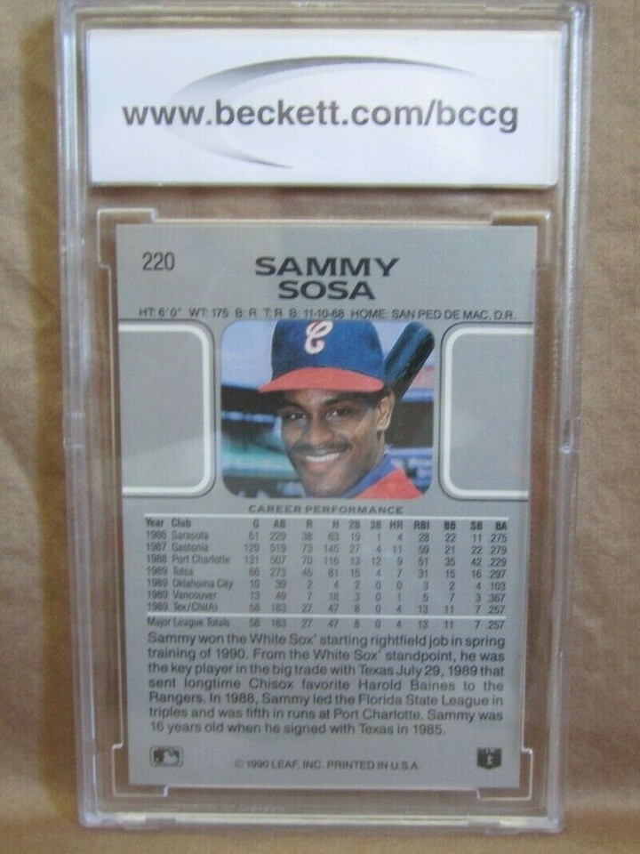 SAMMY SOSA RC 1990 LEAF BASEBALL CARD#220 GRADED BCCG10!WHITE SOX OF RC ...
