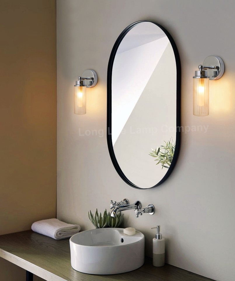 Ribbed Glass Single Bathroom Wall Light Polished Chrome Slim Side IP44 ...
