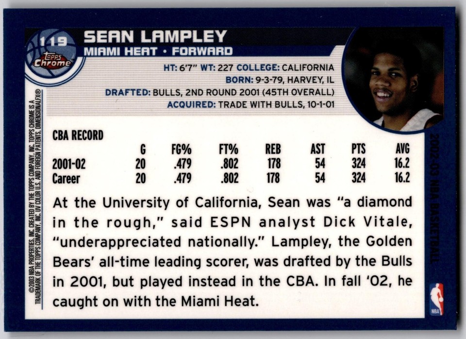 2002-03 TOPPS CHROME #119 SEAN LAMPLEY RC NM-MT HEAT | eBay
