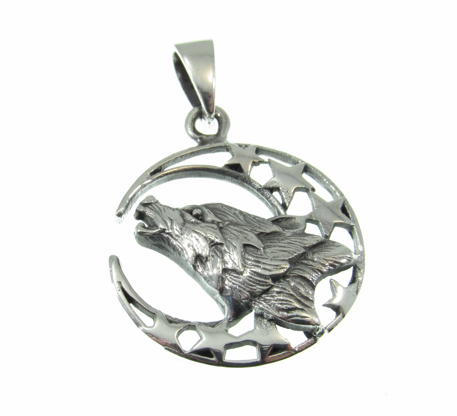 Solid 925 Sterling Silver Howling Wolf Moon Pendant - Moon & Stars ...