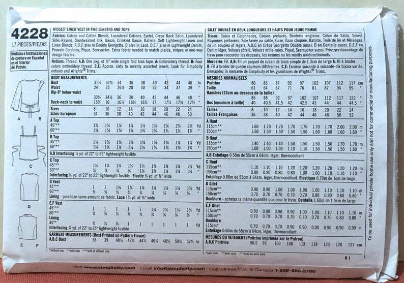 2006 Women's Lined Vest Sewing Pattern U-Pick Size 8-24 Simplicity 4228 ...