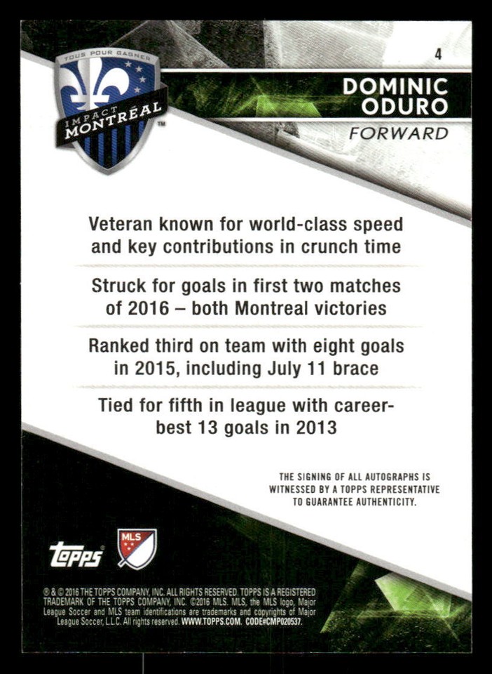2016 Topps Apex MLS Dominic Oduro Auto Autographs AU #4 Card | eBay