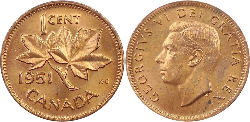 1951 Canadian 1 Small Cent Penny King George Queen Bronze 1C Maple Leaf ...