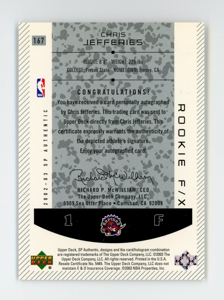 2002-03 SP Authentic #167 Autographed Rookie F/X Chris Jefferies /1500 ...