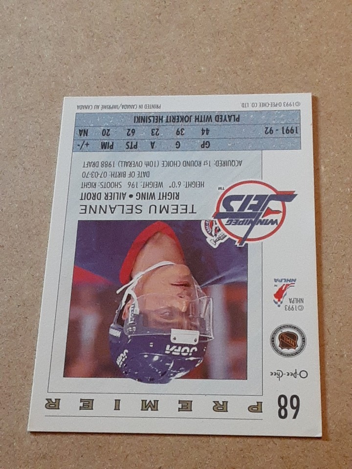 Teemu Selanne Winnipeg Jets 1992-93 OPC Premier #68 NHL Hockey Card O ...