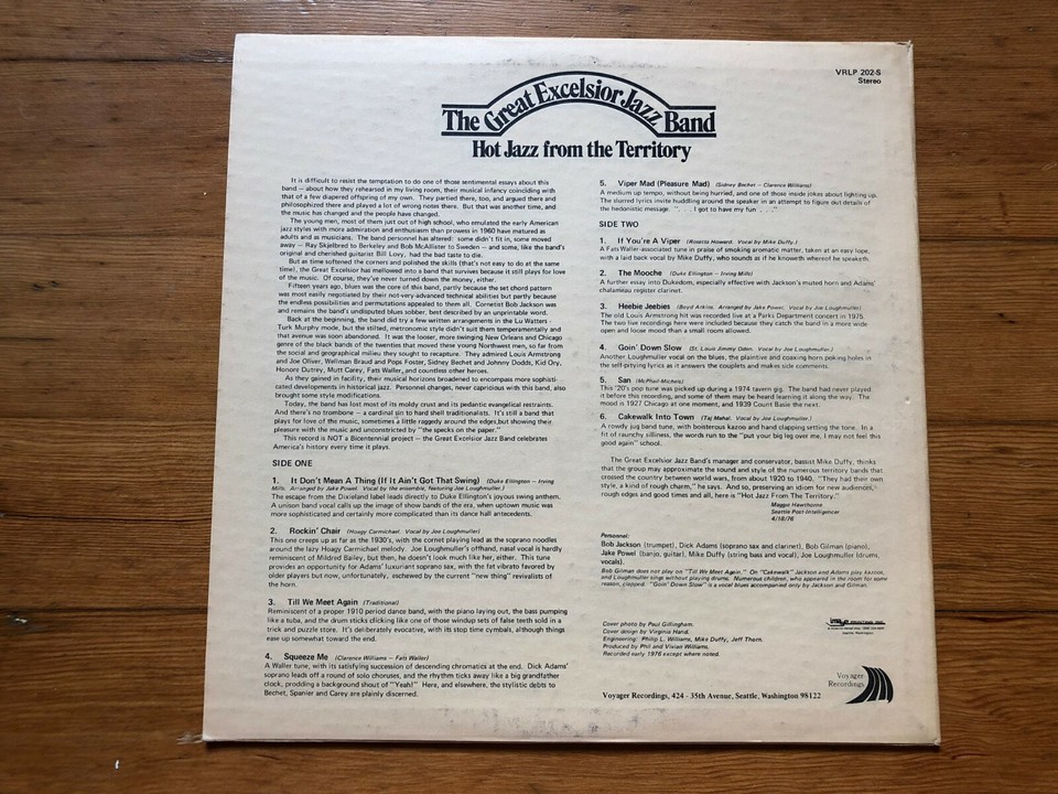 Great Excelsior Jazz Band~Hot Jazz From The Territory~1976 Voyager ...