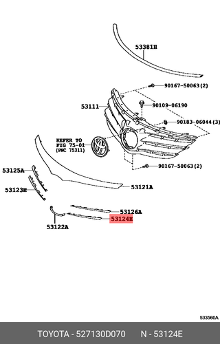 Genuine OE moulding, radiator grille, lower left, 527130D070 for TOYOTA ...