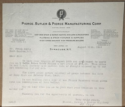 1925 Letterhead Pierce Butler & Pierce Manufacturing Co Syracuse NY New ...