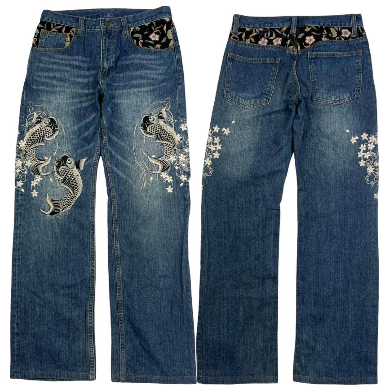 Vintage Embroidered Koi Fish Japanese Denim Jeans (Wa… - Gem