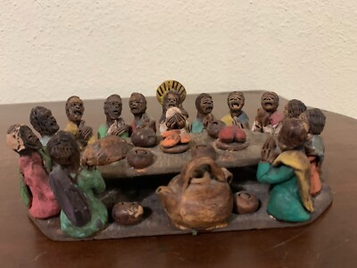 Folk Art Pottery Jesus & 12 Apostles Last Supper Wooden Table & Base ...