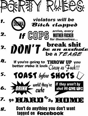 Party Rules College Dorms Frat House Window Wall Decal Refrigerator Man ...