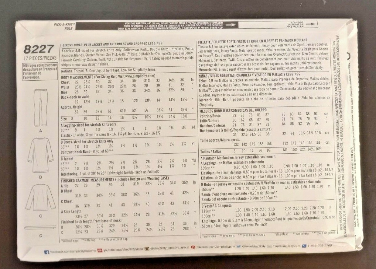 Simplicity Pattern 8227 Girls' Dress Pockets Jacket Leggings Sz BB 8.5 ...