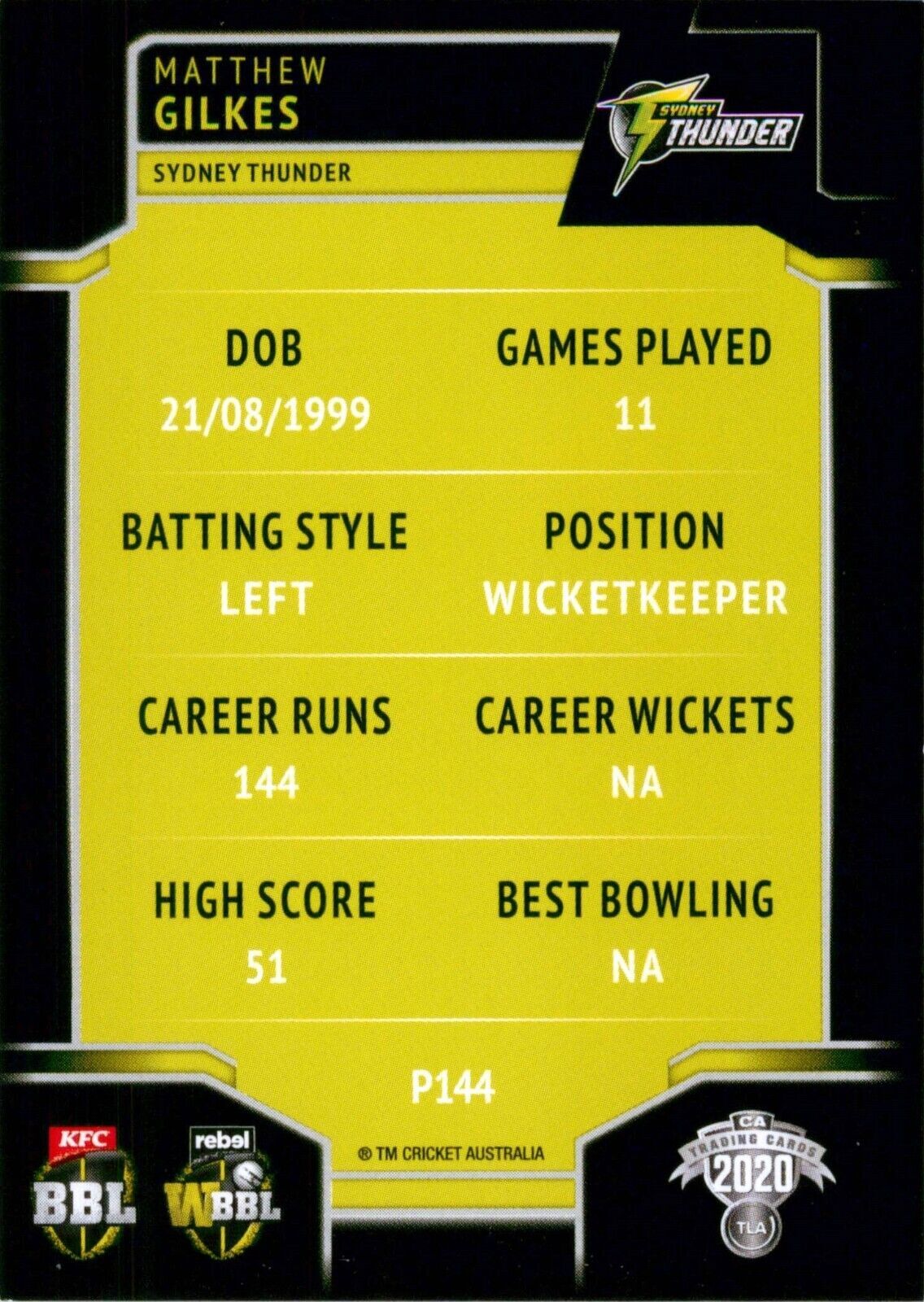 Signé 2020 2021 SYDNEY THUNDER BBL Cricket Card MATT GILKES Parallèle ...