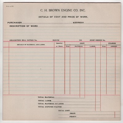 1910 VERY RARE FIND CH BROWN STEAM ENGINE CO BLANK BILL HEADS FITCHBURG ...