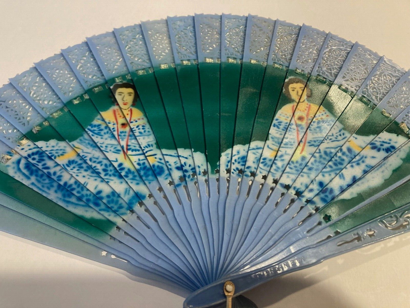 Vintage c1950-1960s Painted Blue Plastic Fan made in … - Gem