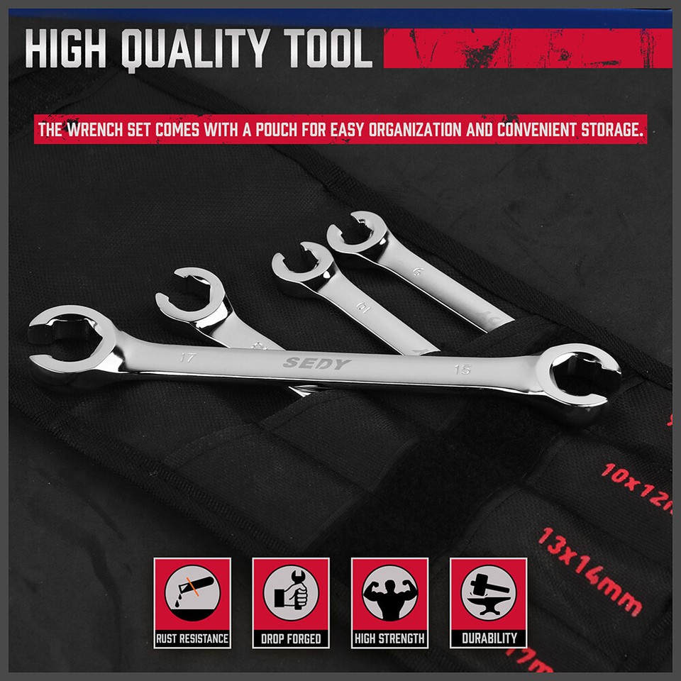 4PC Flare Nut Wrench Open-Ended Brake Pipe Spanner Set 9,10,11,12,13,14 ...