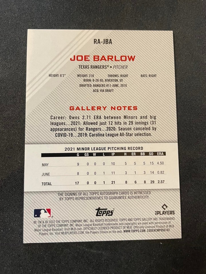 2022 Topps Gallery #RA-JBA Joe Barlow ROOKIE AUTO RC | eBay