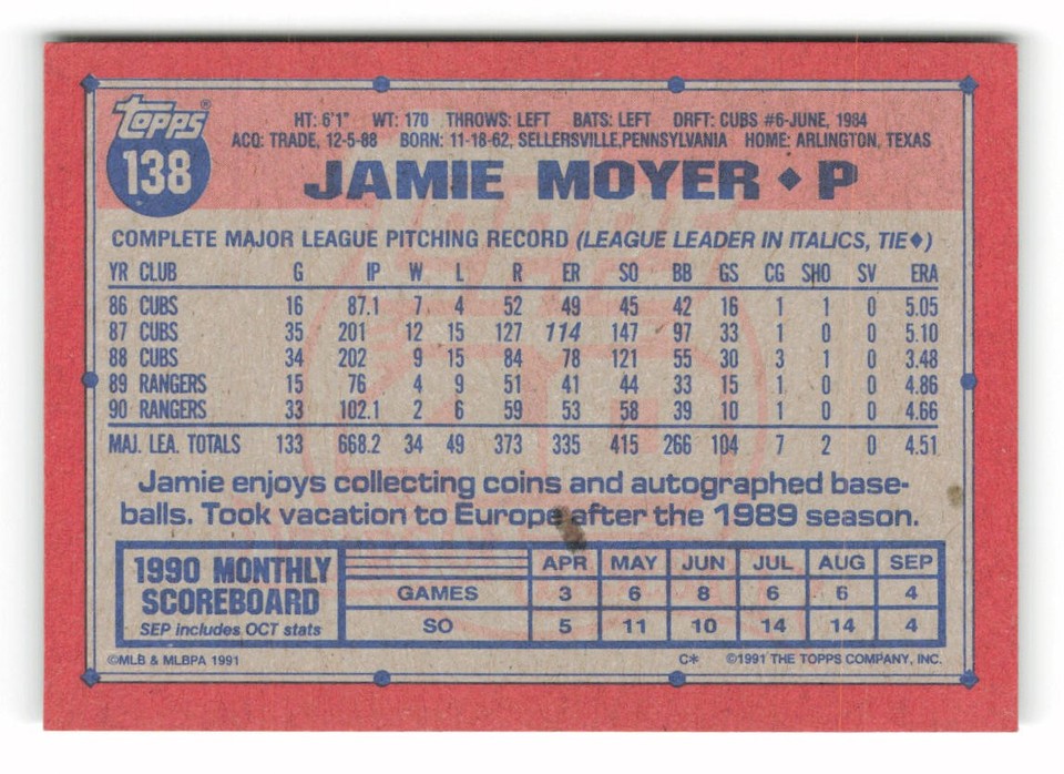 1991 Topps #138 Jamie Moyer Texas Rangers | eBay