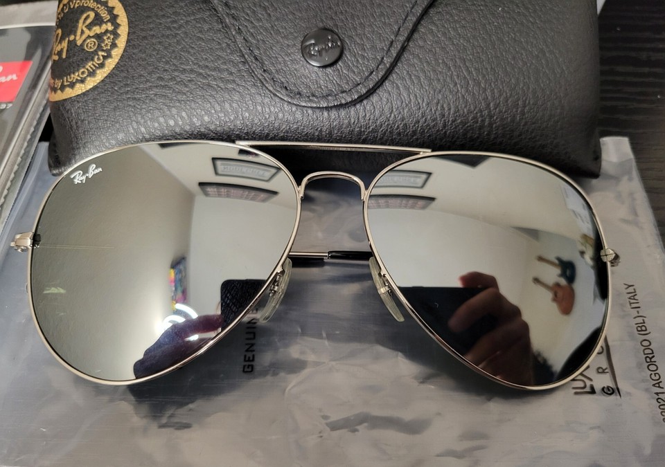 ⭐️‍NEW Ray Ban RB3026 62mm Aviator Glossy Silver Mirrored Unisex ...