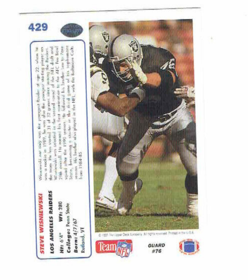Steve Wisniewski Los Angeles Raiders #76 G #429 Upper Deck 1991 ...