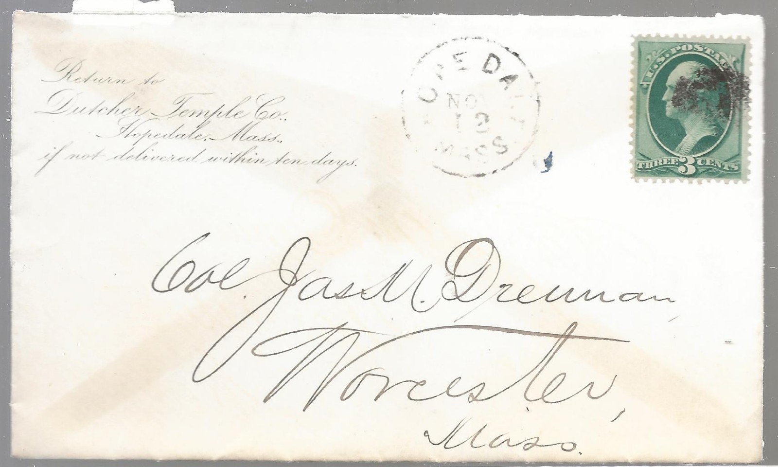 1880's Hopedale Mass Cover to Worcester to Colonel James Drennan 25th ...