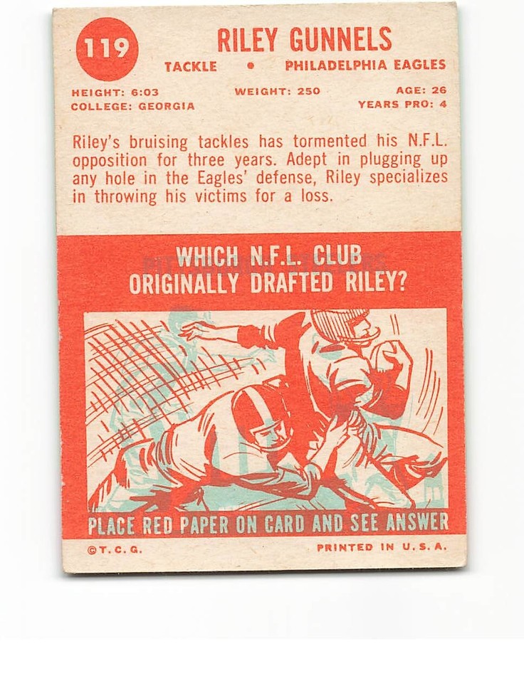 1963 TOPPS FOOTBALL RILEY GUNNELS #119 PHILADELPHIA EAGLES SP MID GRADE ...
