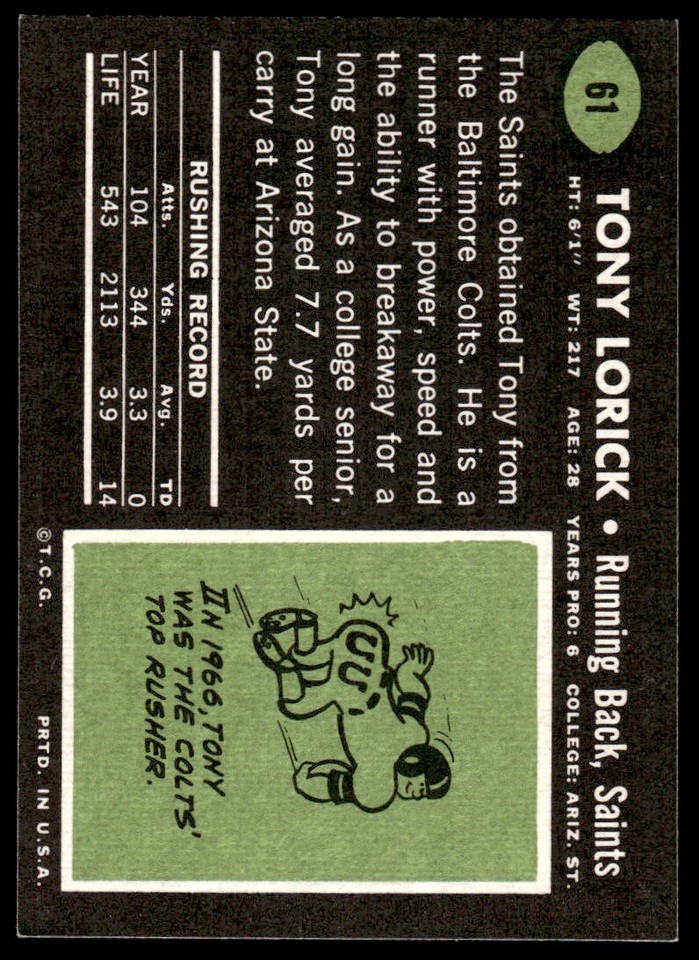 1969 Topps Tony Lorick New Orleans Saints #61 | | eBay
