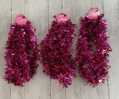 Set Of 3 Valentines Day 9 Ft Metallic Red & Pink Tinsel Garland w/ Red ...