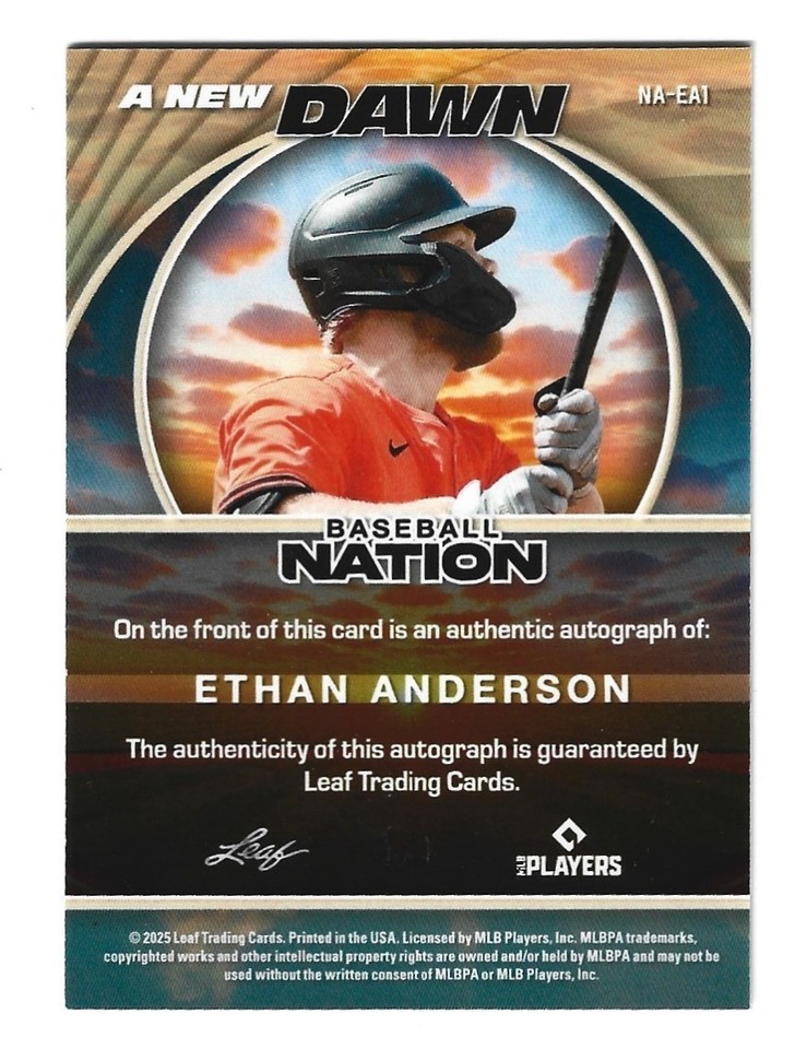 2025 Leaf Baseball Nation Ethan Anderson New Dawn Auto NA-EA1 Gold ...