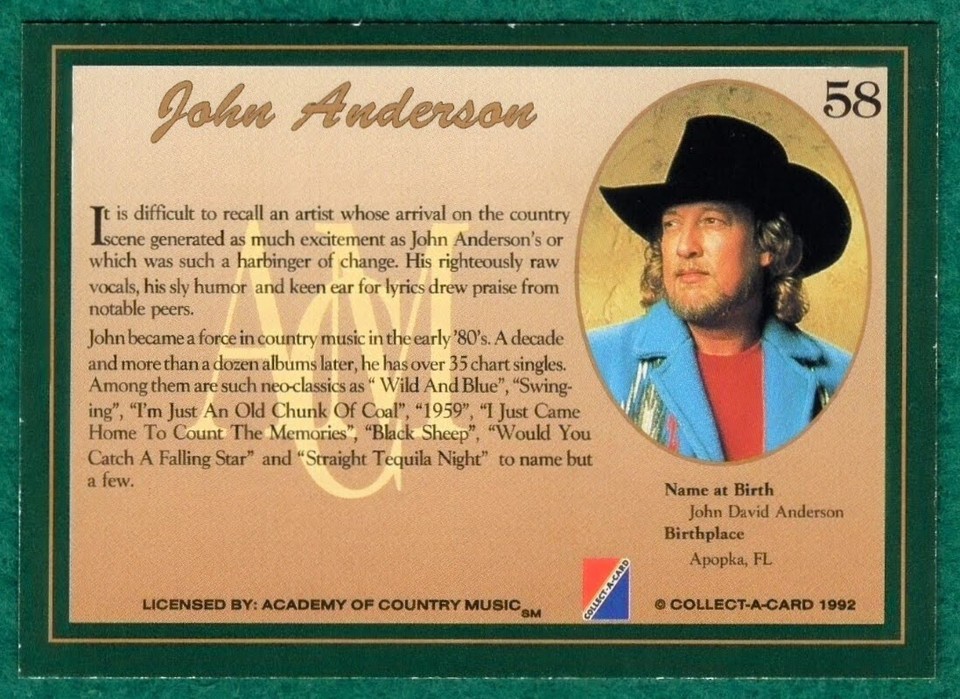 John Anderson - 1992 Collect-a-Card Country Classics #58 - Music ...