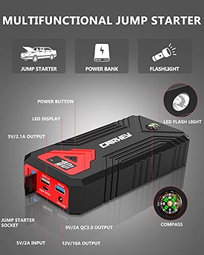 CARHEV 3000A Jump Starter Power Pack 24000mAh Car Battery Booster up to ...