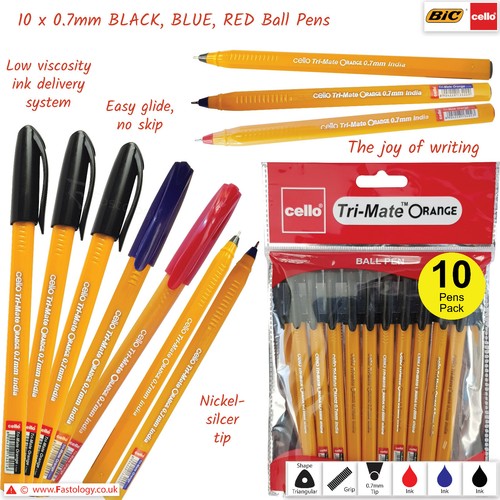 10 x 0.7mm Tip BIC CELLO Tri-Mate-Org BLACK Fine Point Ball Pens ...