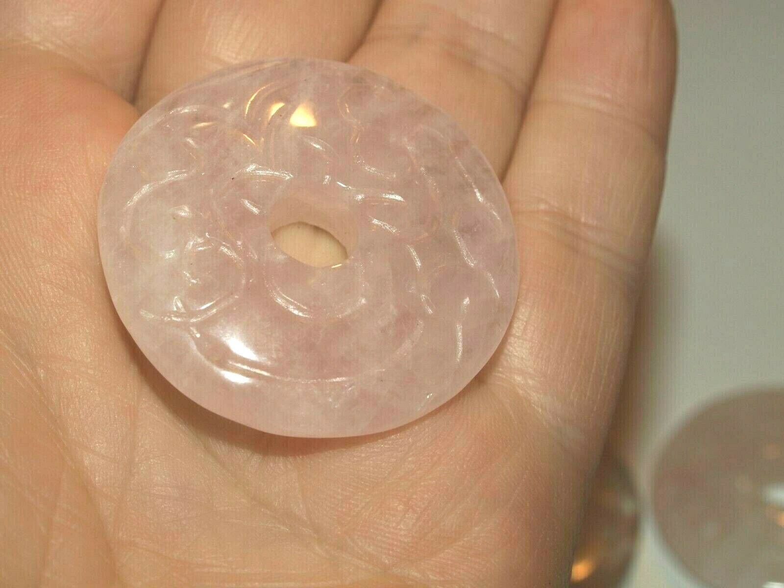 Vintage Carved Chinese Pink Rose Quartz Stone Bi or Pi Disc Large ...