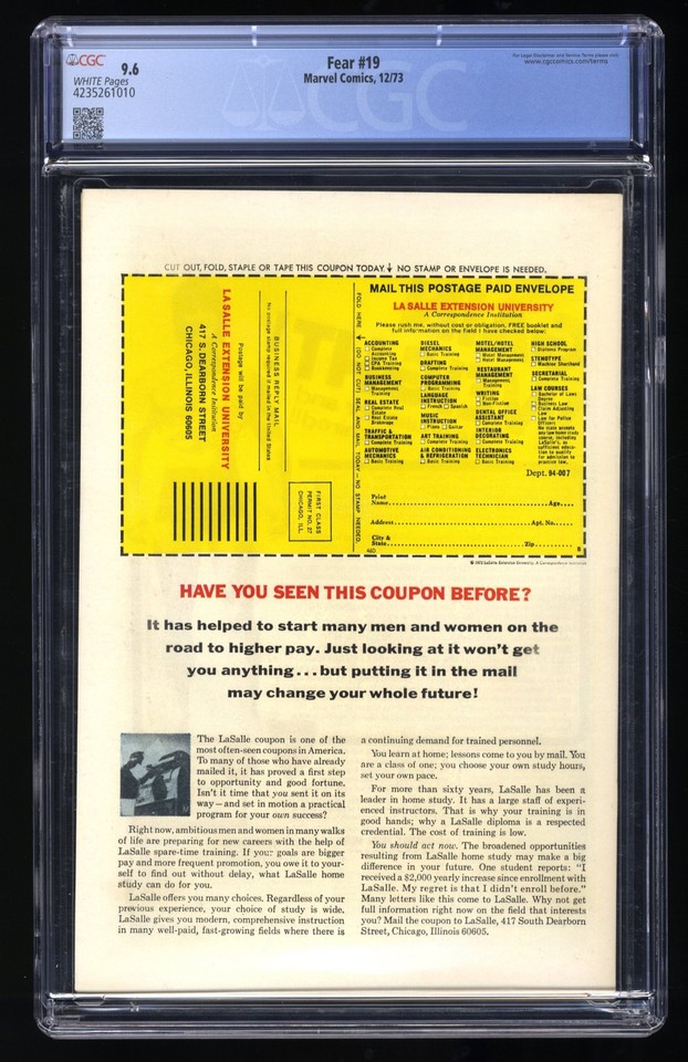 Fear #19 CGC NM+ 9.6 White Pages Man-Thing 1st Appearance Howard the ...