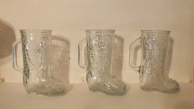 3 Vintage Cowboy Boot Glass Mug Cup Tumbler Handle Clear Glass Barware ...