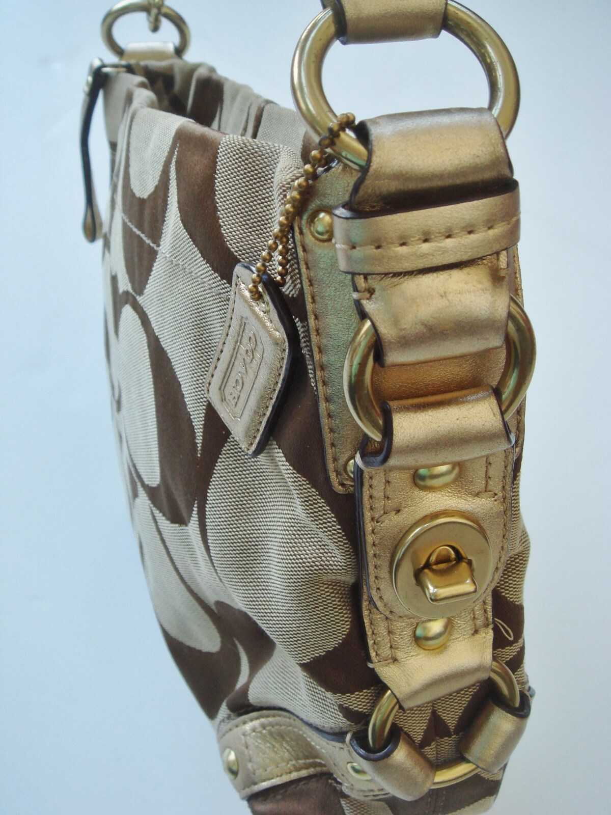 COACH Tan Khaki Signature Canvas and gold Metallic Leather Handbag ...