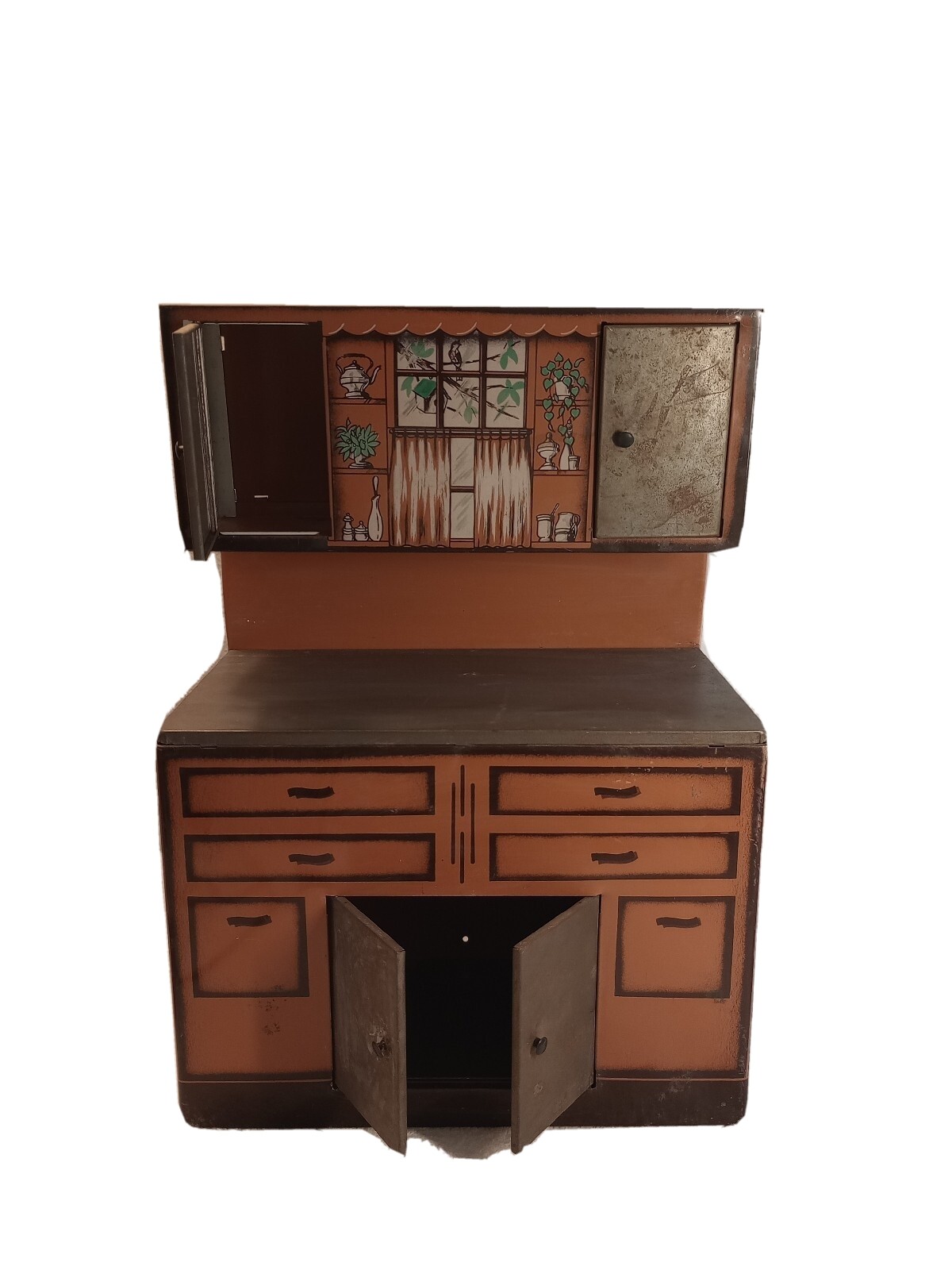 VTG Wolverine Toy Kitchen Metal Tin Cupboard 4 Doors Open 15 1/2 x 11 x ...