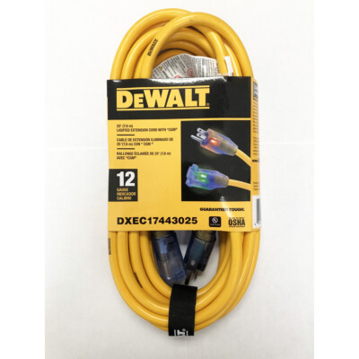 Dewalt Extension Power Cord 12-3 X 25 feet Heavy duty With Lighted Ends ...