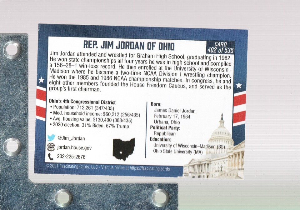 Fascinating Cards 2021 US Congress #402 Jim Jordan GOP US REP OHIO OSU ...