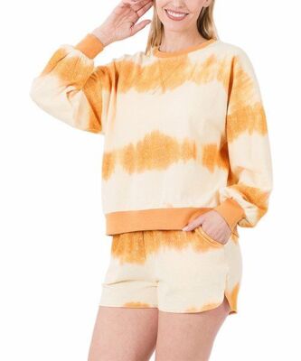 $40 Zenana Golden Mustard Tie-Dye Drop Shoulder Top & Dolphin Shorts ...