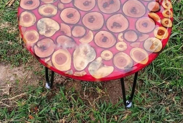 Red Epoxy Table, Wood Logs Epoxy Table, Resin Table Round, Side End ...