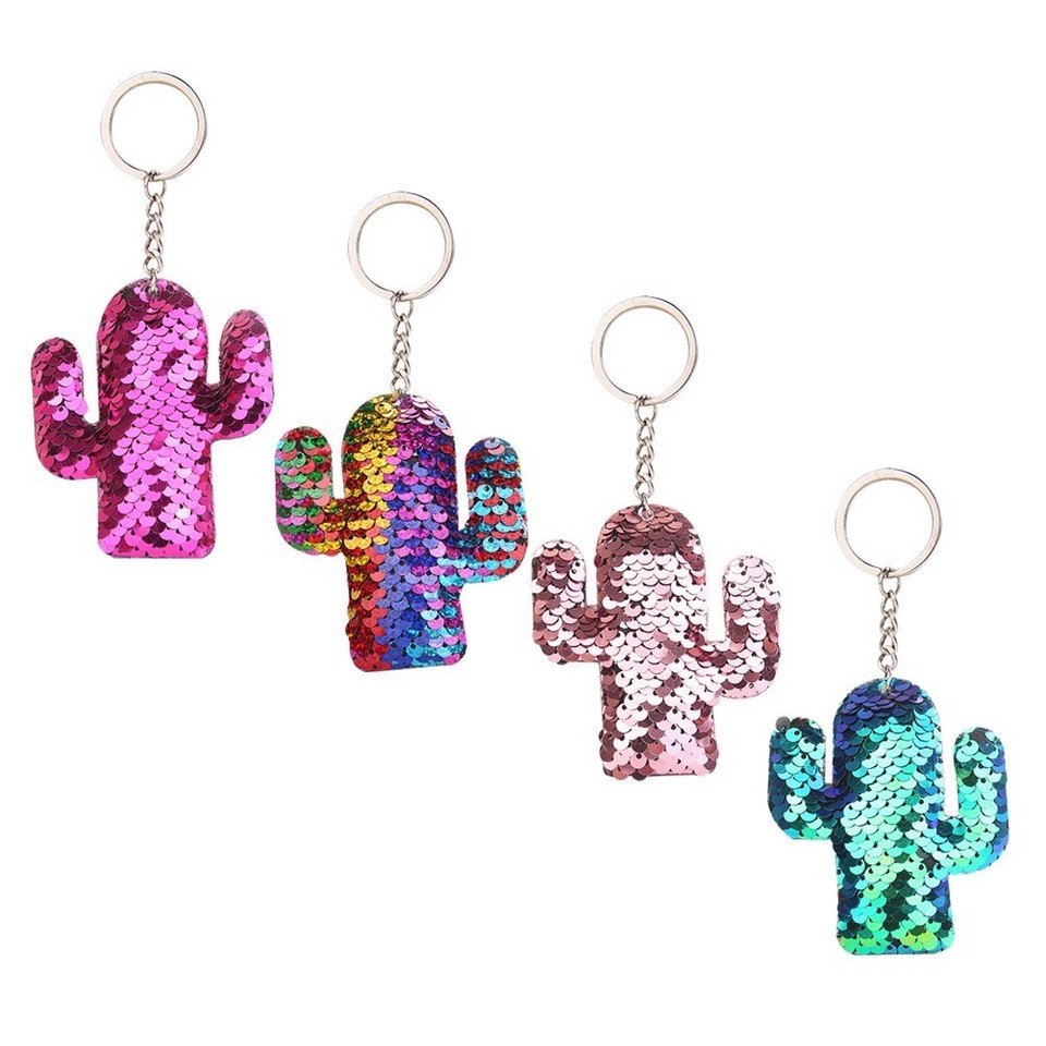 4pcs Glitter Sequins Cactus Keychain Cactus Keyring Colorful Key Chain ...