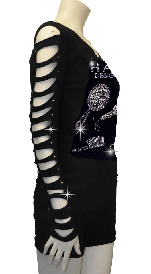 BLING BLING HAIR DESIGNER RHINESTONE,T SHIRT RIPPED SLIT CUT OUT SALON ...
