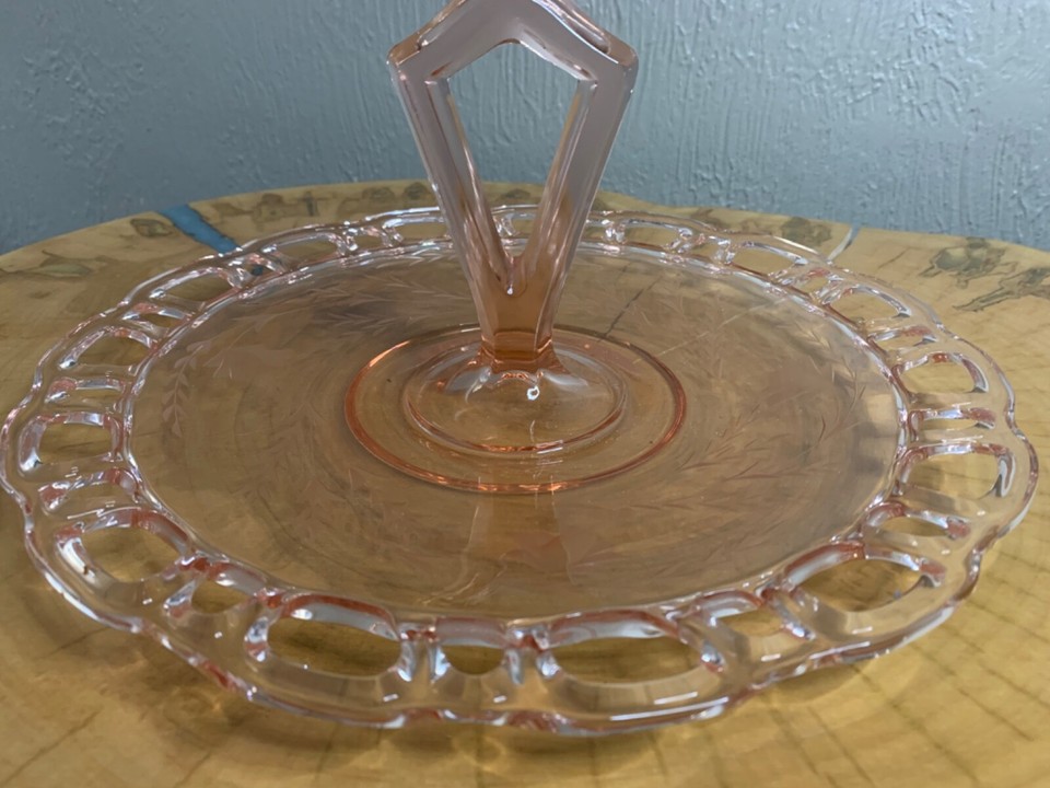 Old Colony Open Lace Pink Depression Sandwich Plate with Center Handle ...