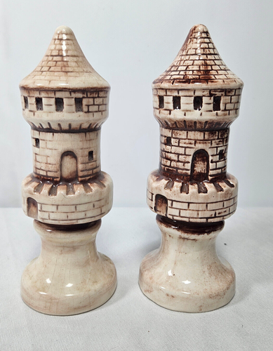 7" Tall Ceramic Chess Piece Set of 2 White Red ROOK Castle Office Home ...